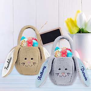 Personalized Easter Buckets with Name Custom Plush Buny Easter Basket with Handle Long Ears, Customized Egg Hunting Bags Easter Gift for Boys Girls, Easter Tote Bag for Candy（Brown）