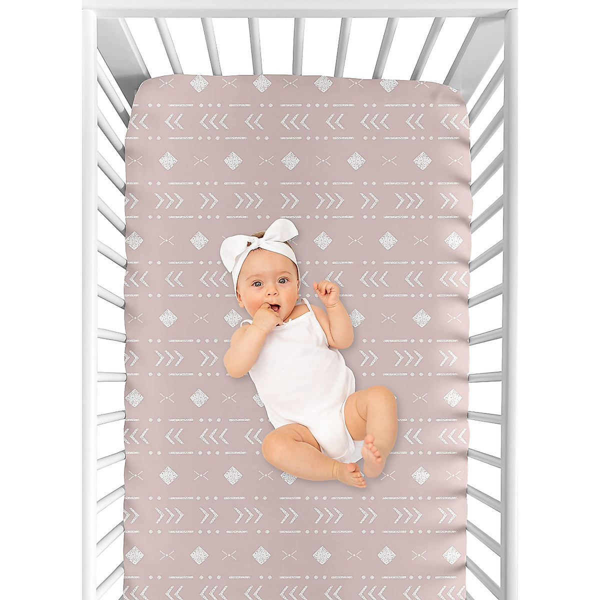 Sweet Jojo Designs Mauve and White Boho Tribal Mudcloth Girl Fitted Crib Sheet Baby or Toddler Bed Nursery - Pink Dusty Rose Woodland Bohemian Southwest Geometric Arrow Aztec Mud Cloth, White, Size