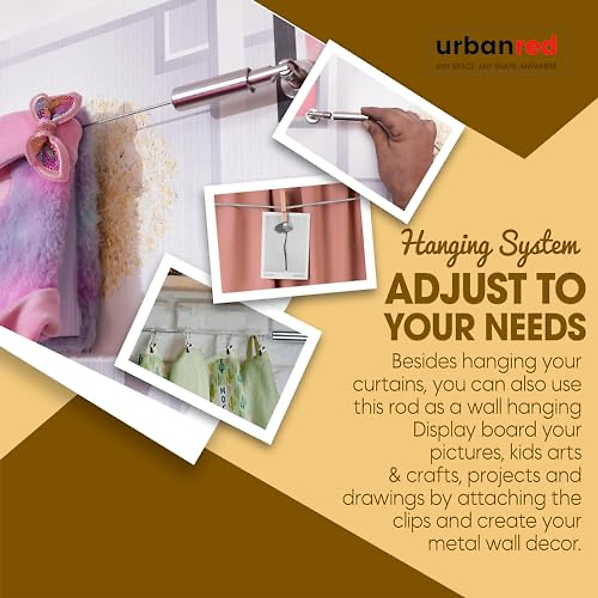 UrbanRed Stainless Steel 16.4 FT (5m) Curtain Wire Rod Set - Curtain Wire Hanging System, Versatile Art Display, Photo Hanging - Wall Mount Clothesline for Windows with Tension Wire Design