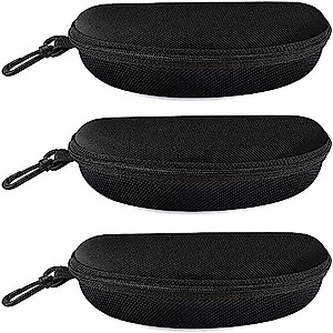 alladaga 3 Pack Zipper Shell Eyeglasses and Sunglasses Case with Plastic Carabiner Hook (Black)