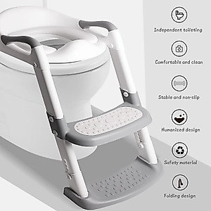 Wakagen Height adjustable potty training toilet seat with steps for boys and girls infant toddler child toilet training seat with handle, padded seat, non-slip wide steps, (ZX-001)