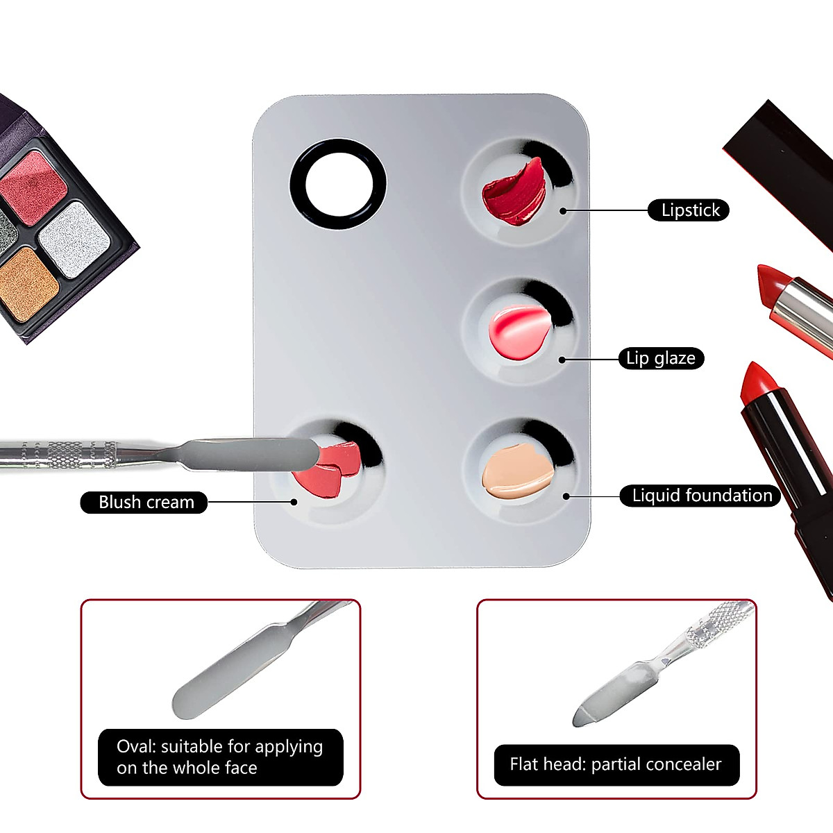 Penugo Upgrade Mixing Makeup Palette, Stainless Steel Cosmetic Palette with Spatula Tool, Nail-art Cosmetic Palette for Mixing Cosmetic and Pigment