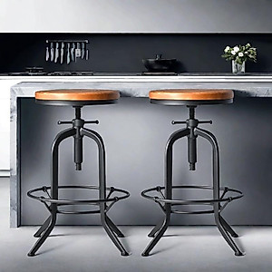Lisuden Industrial Farmhouse Bar Stools Set of 2, Black Metal Base, Wood Seat, Adjustable Height 24.8-30"