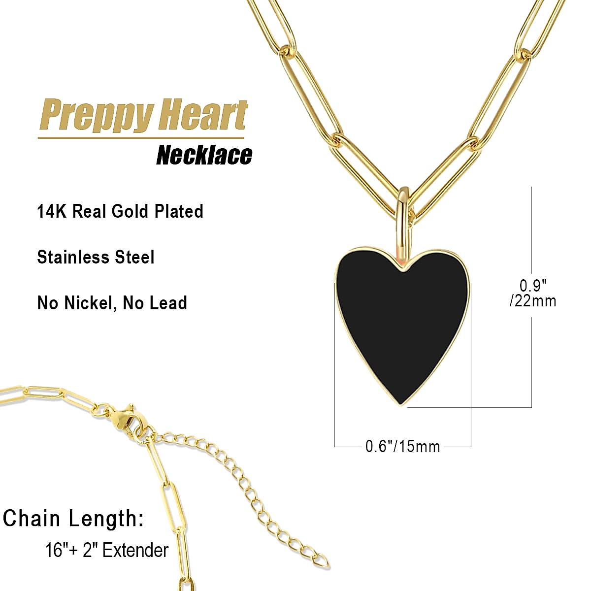 Meeran Heart Necklace for Women,Preppy Jewelry Dainty Paperclip Chain Necklace for Women,Cute Black Heart Preppy Necklaces 16+2 Inches