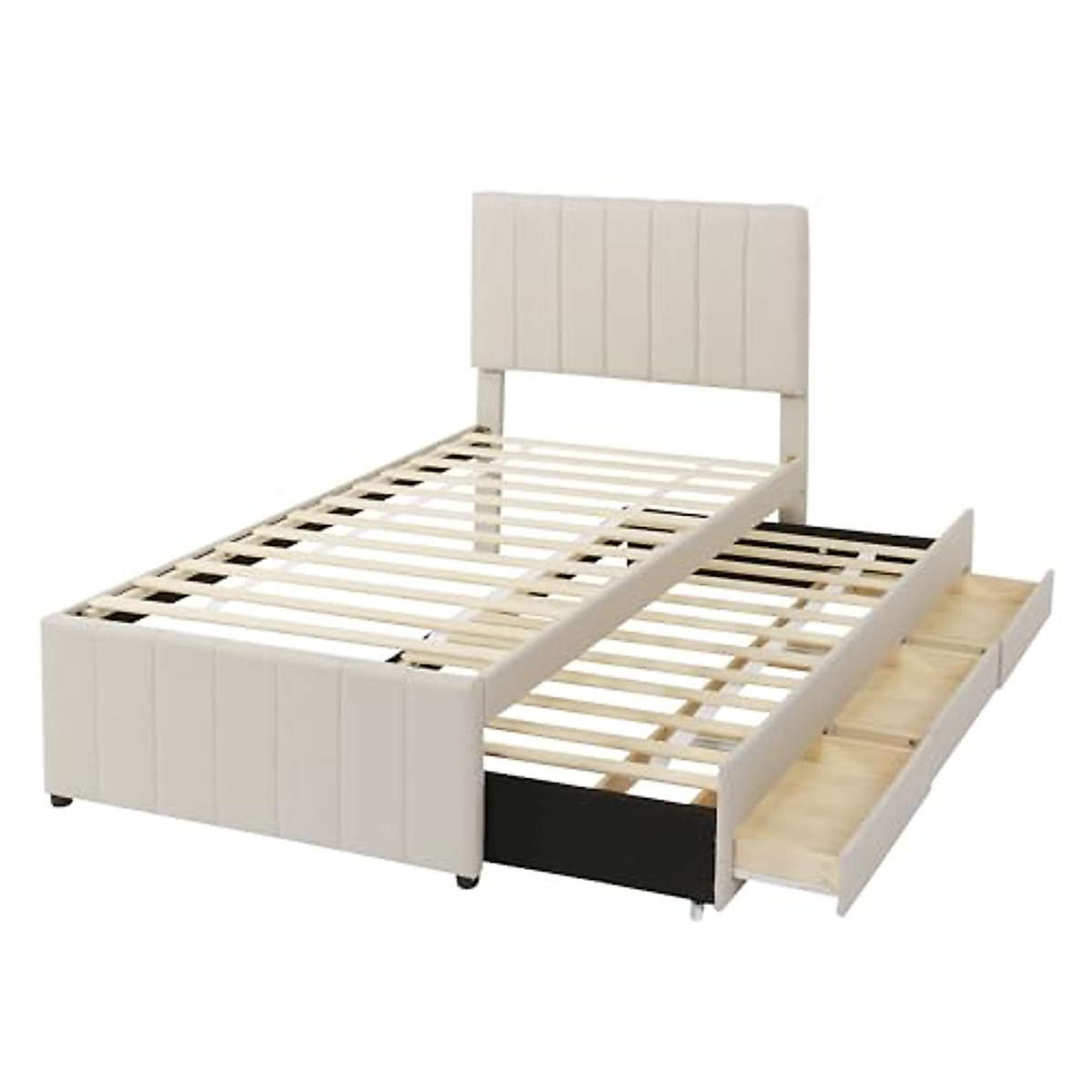 Twin Size Upholstered Platform Bed with Trundle and 3 Drawers, Linen Fabric Platform Bed with Headboard and Wooden Slat Support for Kids Boys Girls Teens, Easy Assembly (Beige + Linen-N11)