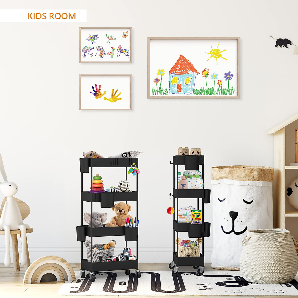 CAXXA 4-Tier Rolling Storage Organizer with 4 Small Baskets - Mobile Utility Cart with Caster Wheels, Black