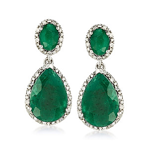 Ross-Simons 10.50 ct. t.w. Emerald and .35 ct. t.w. Diamond Drop Earrings in Sterling Silver