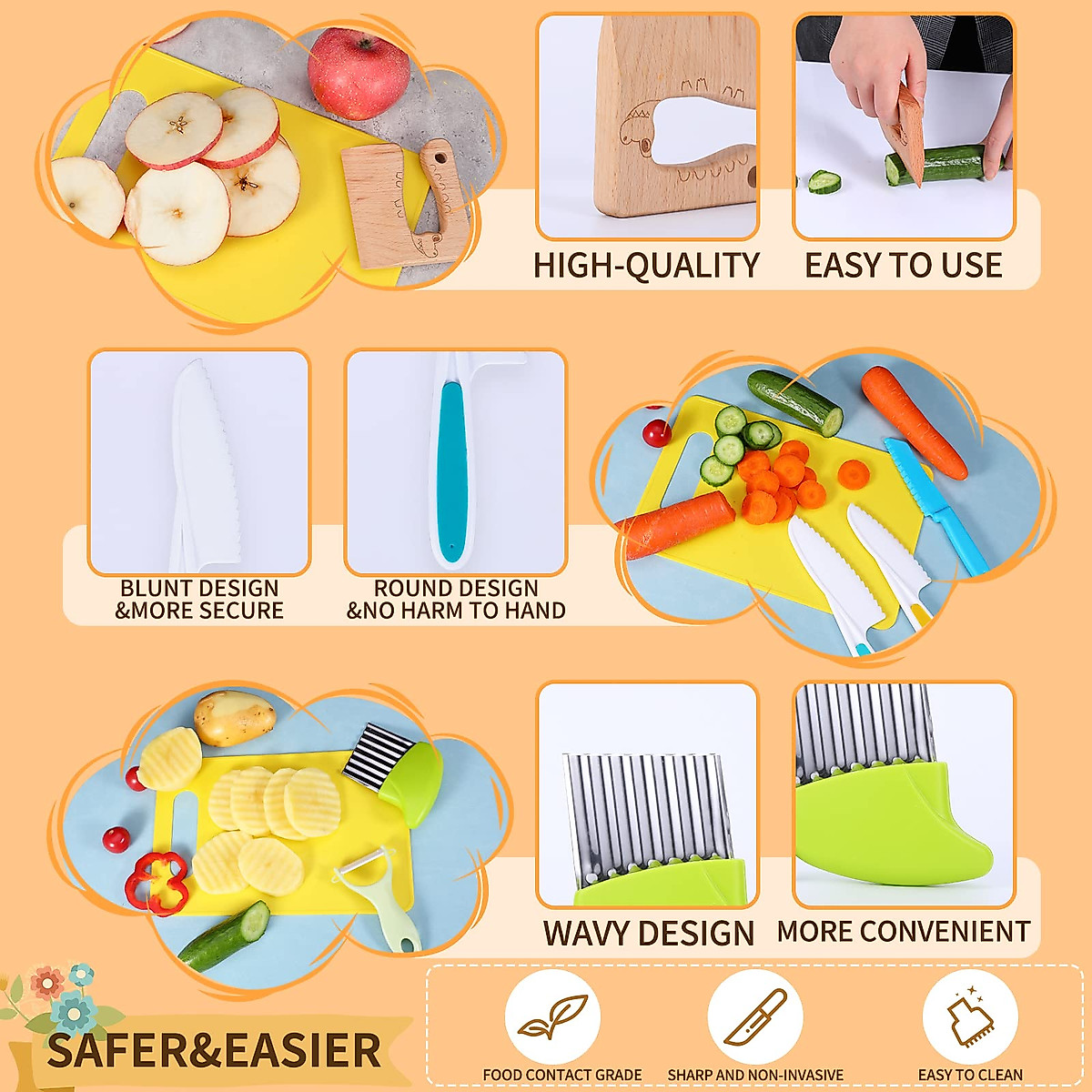 Arme 20 Pieces Wooden Kids Knife Set， Kids Safe Knifes For Cooking，Kids Kitchen Knives For Parent-Child Games&Exercise Hands-On Ability&Gifts