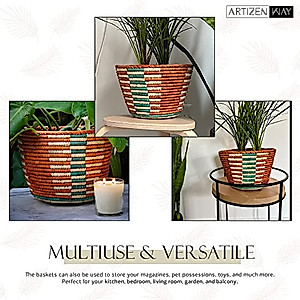 Artizenway Handmade Boho Plant Basket - Woven Planter Baskets - Plant Pot Cover Baskets for Plants - Date Palm Leaves Decorative Pattern Baskets - Storage Organizer (set of 3, Horizontal)