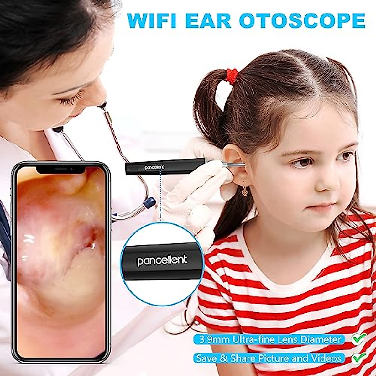 Pancellent Digital Otoscope Camera with Light, Ear Camera, Video Ear Scope with Ear Wax Removal Tools, Ear Endoscope Cleaner, Compatible with iPhone, iPad, Android Smart Phone (Basic Edition Black)