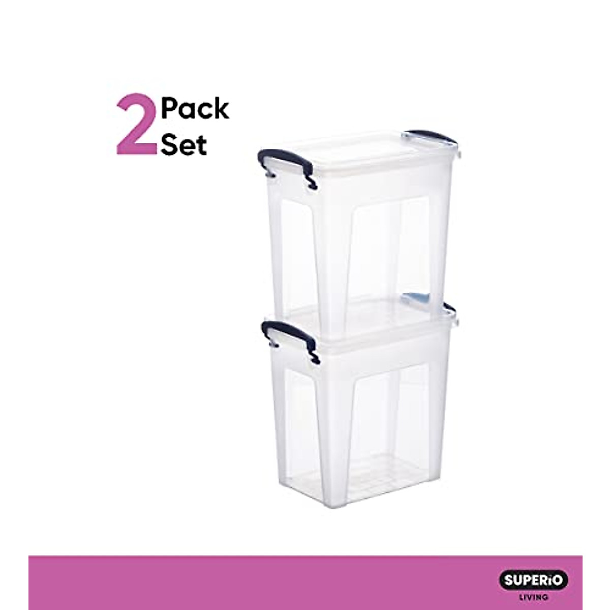 Superio Clear Storage Bins with Lids, Small Stackable Storage Boxes with Locking Latches and Handles (7 Quart(Deep), 2 Pack)