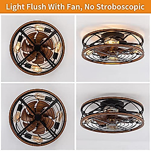 TIFEROR Caged Ceiling Fan with Light, 20 in Bladeless Ceiling Fan with Remote Control, 3 Speeds Low Profile Modern Enclosed Ceiling Fans with Reversible Motor, Matte Black (5 E26 Bulb Include)