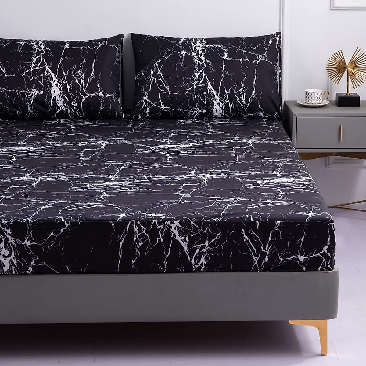 Megsv Waterproof Mattress Protector Cover Polyester Bed Cover Black Marble Pattern Fitted Sheet and Pillowcase (NO Pillow Inner) (Black, Twin)