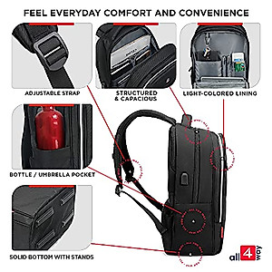 all4way Premium Laptop Backpack for Women Men - USB Quick Charge RFID 17"- Swiss Design Anti-Theft, Waterproof with Rain Cover for Business Travel College - Durable & Soft 1680d Polyester