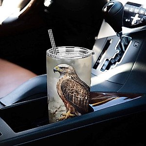 20 Oz Tumbler With Straw Leak Proof Thermos Cup, Watercolor Of Hawk Sitting In The Tree Stainless Steel Insulated Travel Coffee Mug Fit for Car Cup Holder