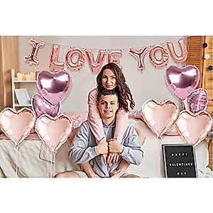Valentine's Day Decorations Rose Gold I Love You Balloons Banner Rose Gold & Blush Pink Heart Balloons for Anniversary Bridal Shower Party Decors
