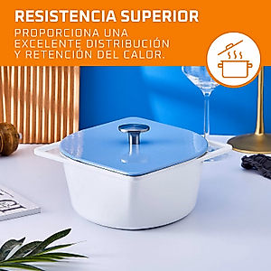 Bruntmor 3 Quart Cast Iron Enameled Dutch Oven - Modern Squoval Design - Nonstick Seasoned Pot with Stainless Steel Knob - Ideal for Dinner - White with Blue Lid