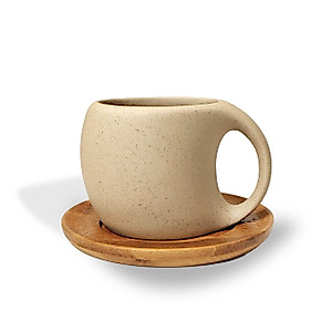 QualGifts Ceramic Coffee and Tea Cup with Natural Acacia Wood Saucer (8 Oz), Best for Latte, Cappuccino, Tea or Espresso. Unglazed Porcelain Arty Mug (Natural)