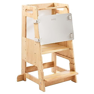 Toddler Kitchen Stools Helper with Adjustable Height and Anti-Slip Protection, Kids Standing Tower with Safety Rail, Kids Montessori Step Stool with Learning Chalkboard, Natural