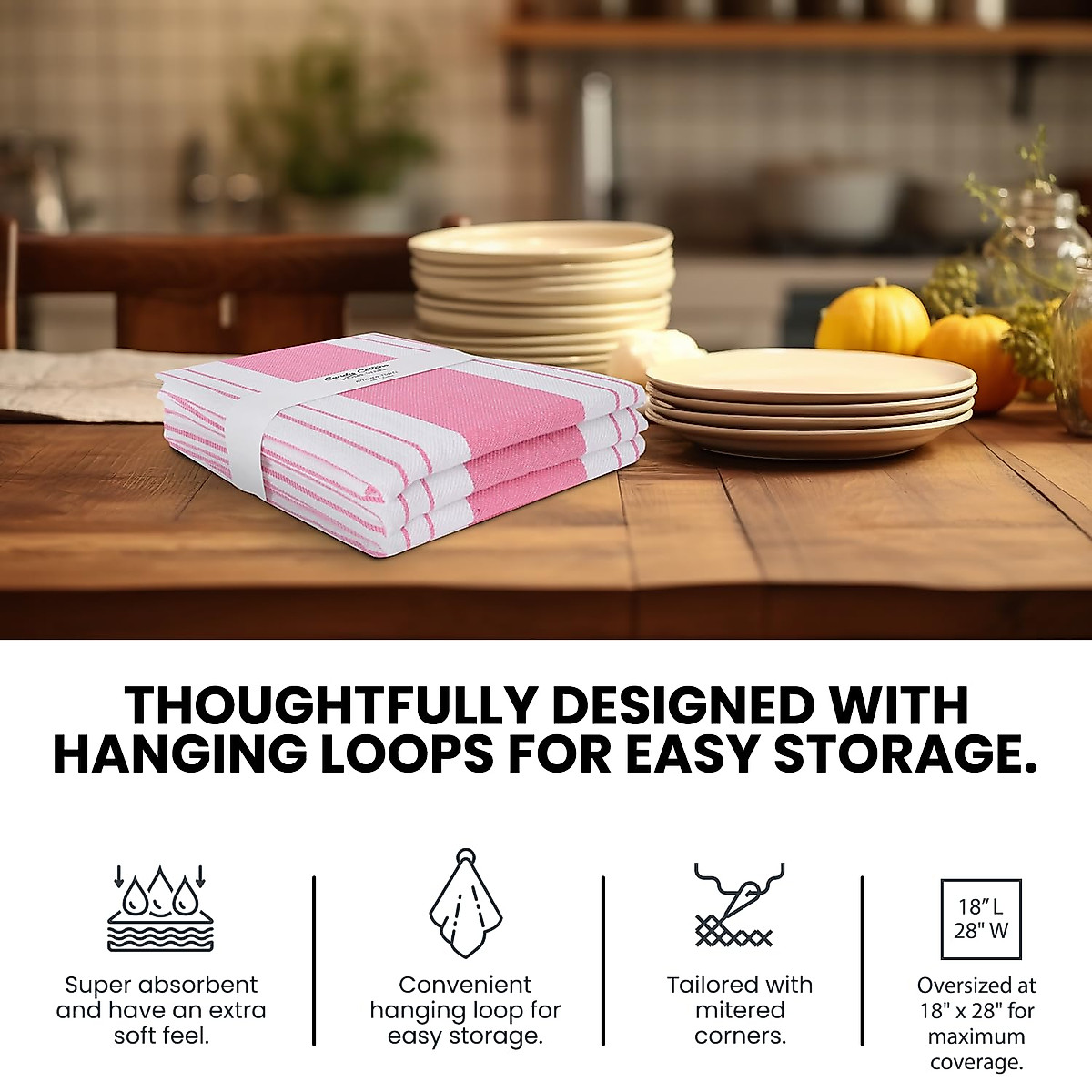 Candy Cottons Stripe Kitchen Towels Decor Mordern Design Centreband Dish Towels Boho Stripe Absorbent Festive Gift Set of 3 Pantry Reusable Kitchen Dish Towel|Easter Spring Decor 18x28 Inch Pink