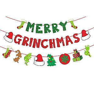 Merry Grinchmas Banner, Red & Green Grinchmas Christmas Party Sign Supplies, Merry Grinch Christmas Party Decorations