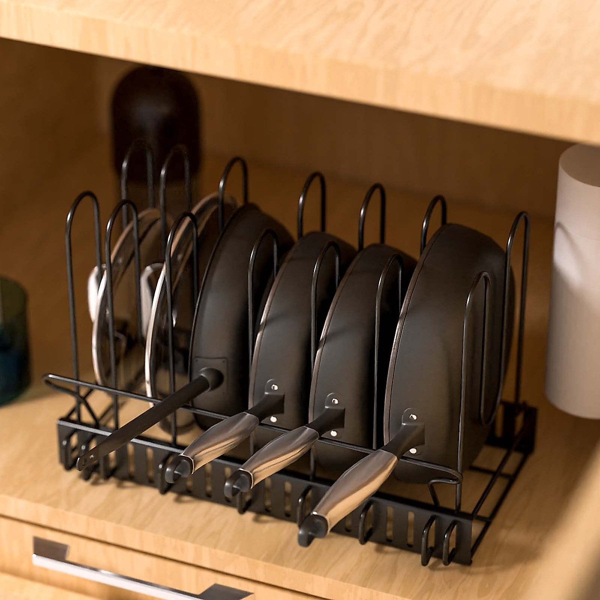 Vdomus Pan Organizer with Pot lid Holder Handle Bracket Design, Black Metal Kitchen Pot and pan organizer rack for cabinet or Counter, pot organizer with 7 adjustable dividers