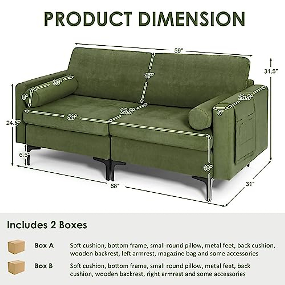 TUOCHUFUN Modern Loveseat Sofa Couch,Mid Century Couches for Living Room, Upholstered 2-Seat Love Seats with Pillow (Army Green)