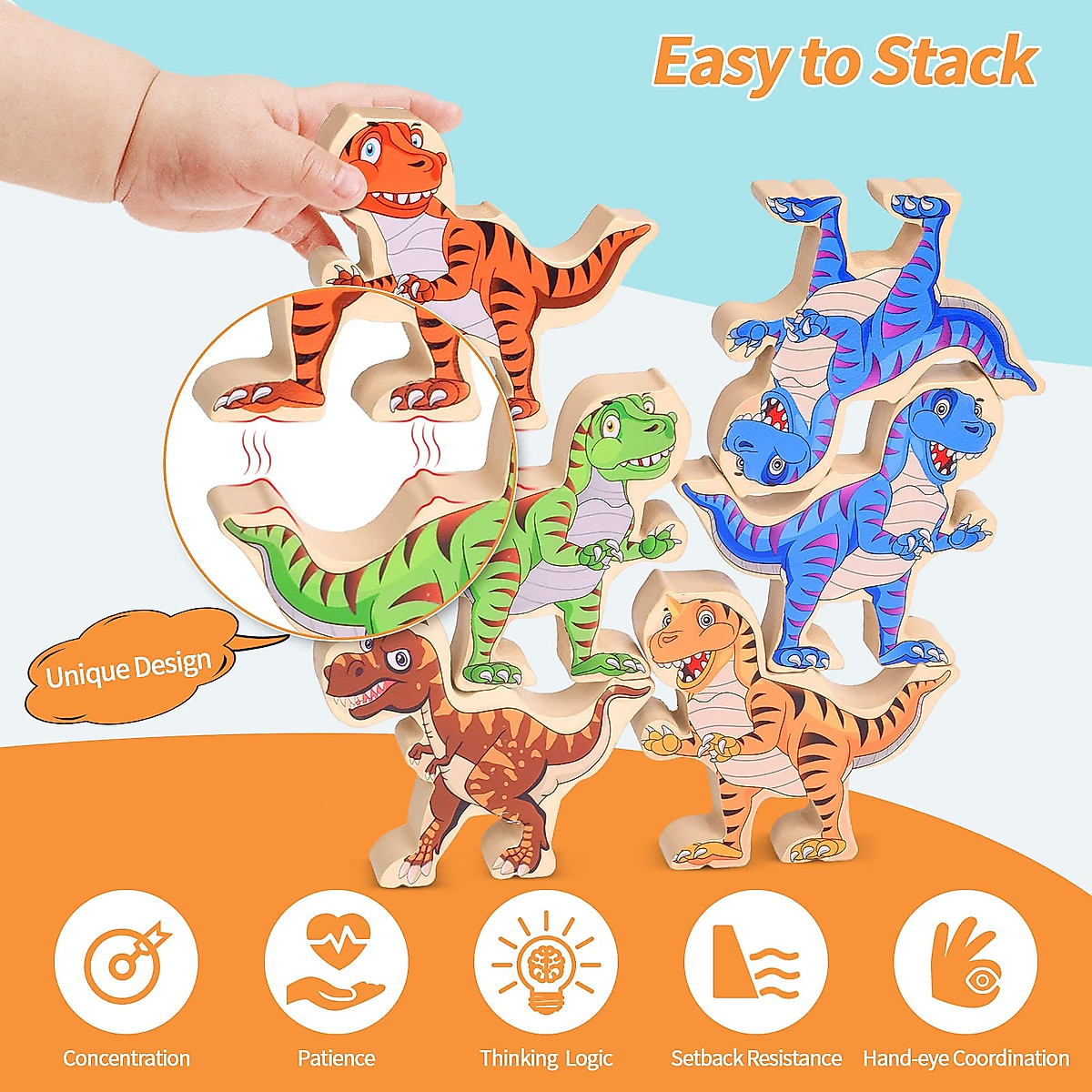 ACOUCB Wooden Dinosaur Stacking Toys for Kids 3-7, 16pcs Large Sensory Montessori Toys, Balance Competition Game Building Toys, Easter Basket Stuffers, Birthday Gift for Boys Girls