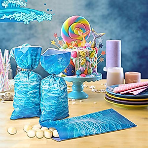 100 Pieces Ocean Waves Cellophane Treat Bags Under the Sea Blue Ocean Party Goodie Candy Bag with 100 Twist Ties for Beach Pool Birthday Summer Mermaid Party Decoration Baby Shower Supplies