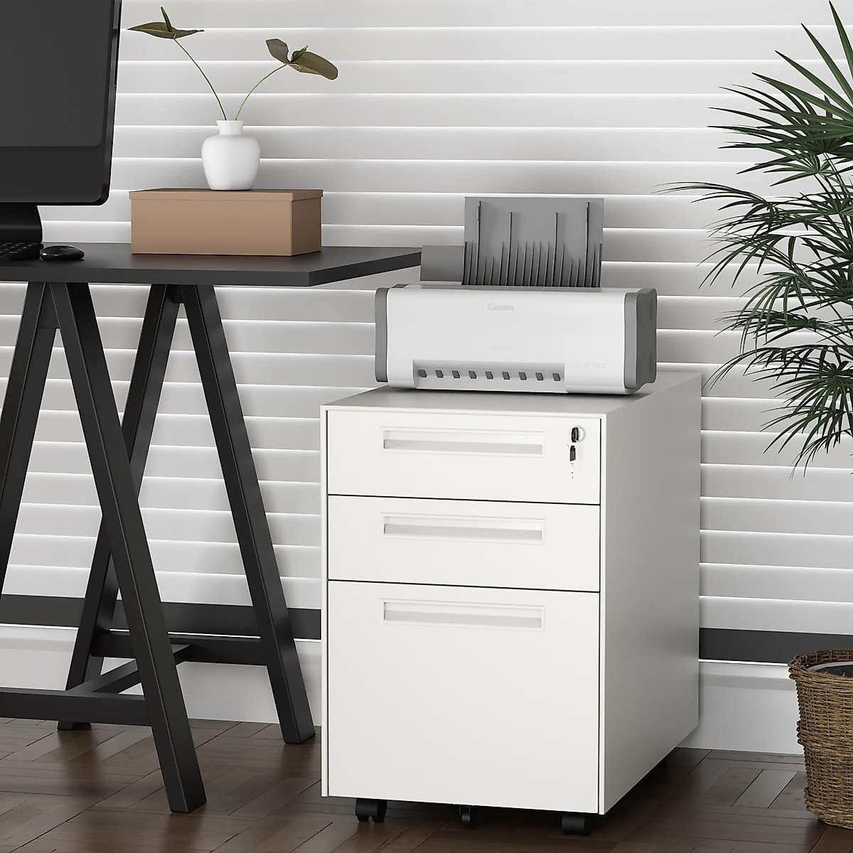 COFaR Cabinet, 3 Drawer Metal File Cabinet with Lock & Wheels, Under Desk Storage for Home Office, Fits Legal/Letter/A4, Vertical Filing (White, 22.5 x 19.7 x 14.9 inches, 40lbs)