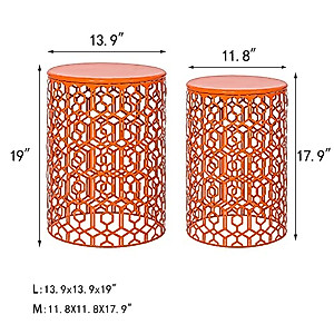 Homebeez Metal Accent Table, Set of 2 Decorative Round End Tables Nightstands, Coffee Side Tables for Indoor Outdoor and More (Orange Red)