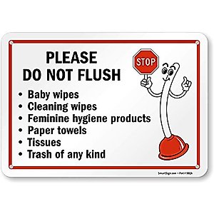 SmartSign 7 x 10 inch “Please Do Not Flush - Wipes, Feminine Hygiene Products, Paper Towels, Tissues, Trash” Bathroom Etiquette Sign with Funny STOP Symbol, 55 mil HDPE Plastic, Red, Black and White