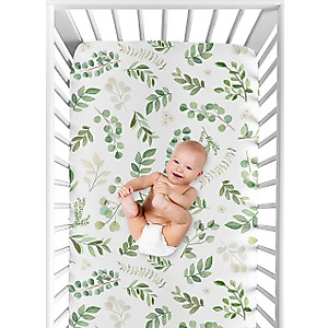 Sweet Jojo Designs Floral Leaf Girl Fitted Crib Sheet Baby or Toddler Bed Nursery - Green and White Boho Watercolor Botanical Woodland Tropical Garden