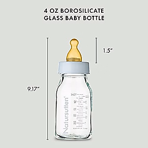 Natursutten Anti-Colic Glass Baby Bottle 2-Pack - 8 oz, 4 oz Bottles for Breastfeeding Babies - Newborn Bottles Set: Natural Rubber Slow-Flow Bottle Nipples, Seals, Valves, Baby Bottle Caps (4 Ounce)