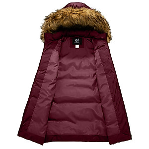 CHERFLY Women's Winter Puffer Coat Heavy Warm Long Parka Down Jacket with Fur Hood,Wine Red,Large
