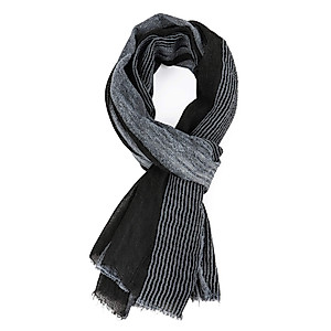 GERINLY Cotton-Linen Scarves Mens Stripe Crinkle Long Scarf Fashion Turban Shawl for Travel Male Wrap (Black)