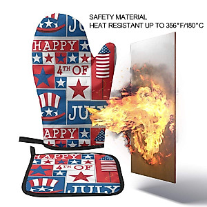 Patriotic 4th of July Oven Mitt Set Pot Holder Heat Resistant Hot Kitchen Insulated Glove for Microwave Cooking BBQ Baking Grilling Washable