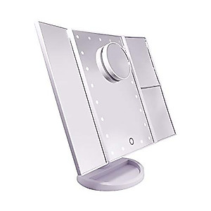 KXA Tri-Fold Vanity Mirror, 21 LED Lighted with Touch Screen 1X/2X/3X Magnification and USB Charging Adjustable Brightness and Stand for Makeup