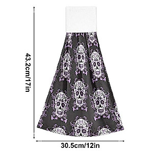 KOCOART Halloween Mexican Skulls Kitchen Hand Towels Day of The Dead Hanging Dish Towel with Loop 2PCS, Soft Super Absorbent Decorative Fingertip Tie Towel for Bathroom 12x17 in