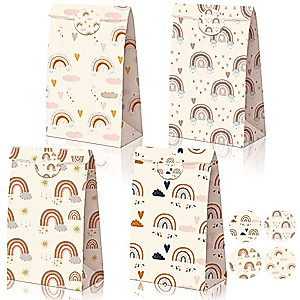 24 Pcs Boho Rainbow Party Decorations Bags, Boho Party Favors Bags Rainbow Goodie Gift Bags with Stickers, Candy Treat Bags for Birthday Wedding Baby Shower Party Supplies