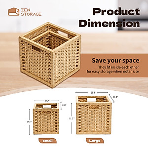 Wicker Basket with Built-In Handle, Handmade Square Wicker Basket for Shelf, Paper Wicker Cube Storage Bins for Book/Magazine/Blanket/Toy/Snack, Set of 2, Small and Large, 11.8 * 11.8 * 11.2 Inch
