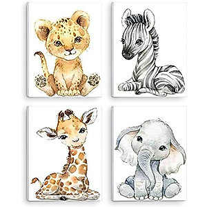 Kiddale Baby Watercolor Animals Wall Art Prints Set of 4 (8x10),Tiger Elephant Zebra Giraffe Safari Animals Pictures Nursery Decor Art,Stretched and Framed Ready to Hang