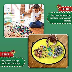 Toy Storage Basket with Play Mat, Portable Cartoon Children Toy Organizer Chest Storage bag with Anti Dust Lid for Small Bricks & Blocks, Quick Cleanup Container for Kids, Nursery, Playroom, Outdoor