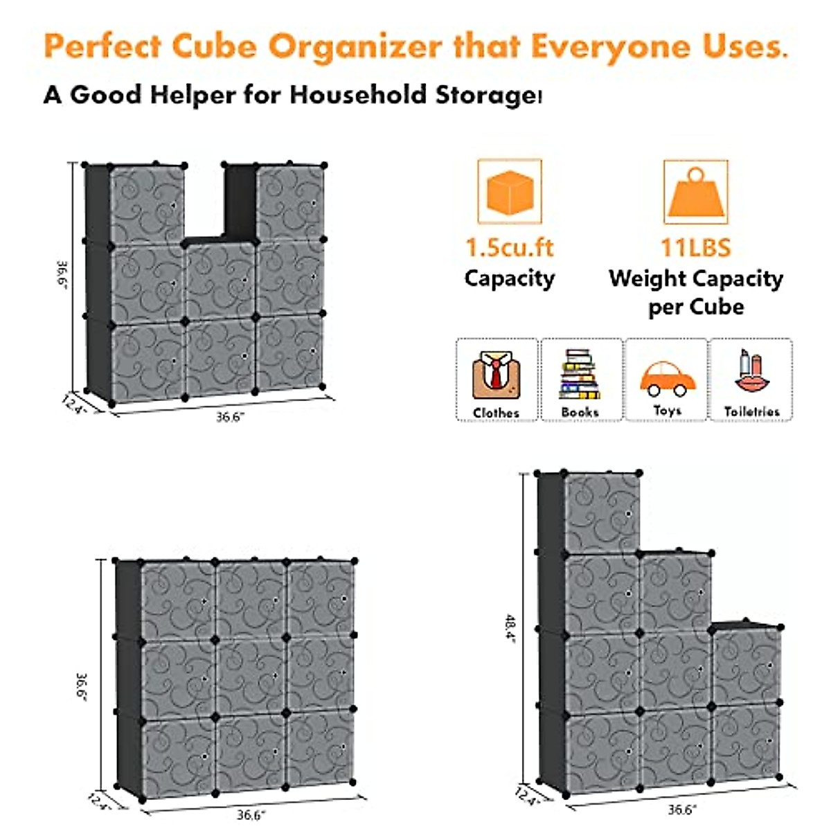 C&AHOME Cube Storage Organizer with Doors, 9-Cube Shelves, Closet Cabinet, DIY Plastic Modular Bookshelf, Storage Shelving Ideal for Bedroom, Living Room, 36.6”L x 12.4”W x 36.6”H Black USHS3009B-DOOR