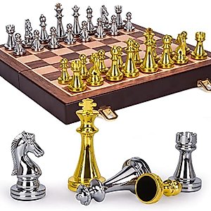 Agirlgle Metal Chess Set for Adults and Kids – Deluxe Chess Board with Chess Pieces – Travel Wooden Chess Set with Metal Pieces – Folding Chessboard – Ideal for Beginners and Professional Players