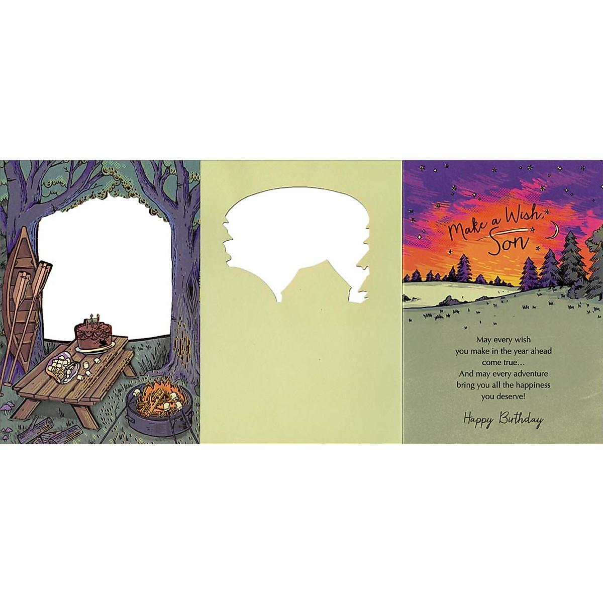 Designer Greetings Camper, Tent, Table, Fire and Canoe Die Cut Window Tri Fold Birthday Card for Son