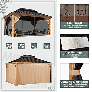 MELLCOM 12' X 14' Hardtop Gazebo, Wooden Finish Coated Aluminum Frame Gazebo with Galvanized Steel Double Roof, Brown Metal Gazebo with Curtains and Nettings for Patios, Gardens, Lawns