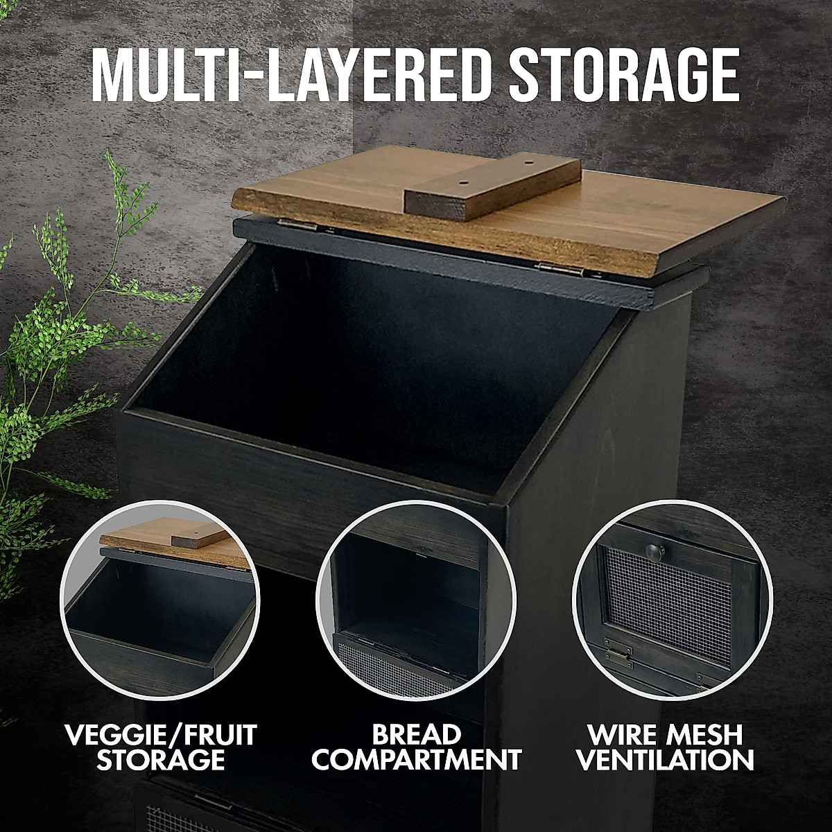 Peaceful Classics Potato Storage Wood Box, Wooden Bread Storage Bins, Decorative Potato and Onion Storage Bin, Potato Bin w/Grocery Section, Wooden Vegetable Storage w/Lid for Kitchen Pantry, Mocha