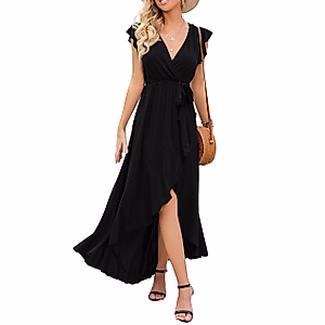GRECERELLE Women's Summer Casual Cross V Neck Dress Bohemian Flowy Long Maxi Dress Black-Medium