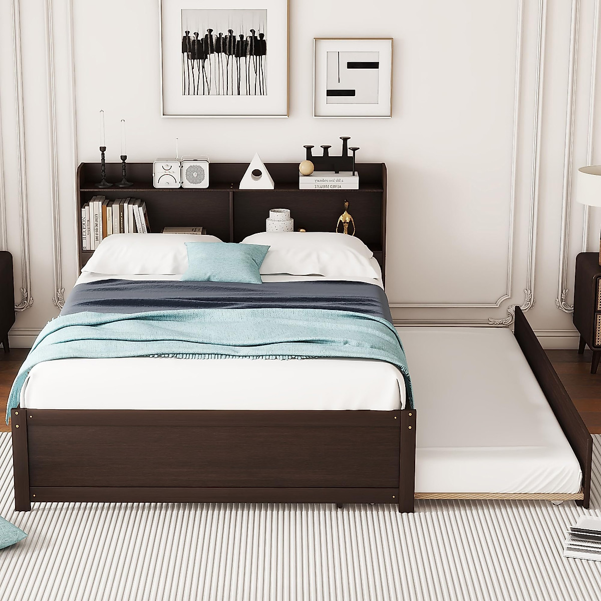 Harper & Bright Designs Full Bed Frame with Trundle, Full Trundle Bed with Bookcase Headboard, Wood Full Size Platform Bed with Twin Trundle Bed Under for Kids Girls Boys, Espresso